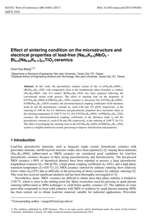 Pdf Effect Of Sintering Condition On The Microstructure And Electrical Properties Of Lead Free
