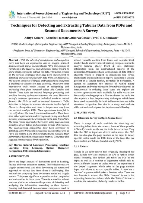 IRJET Techniques For Detecting And Extracting Tabular Data From PDFs And Scanned Documents A