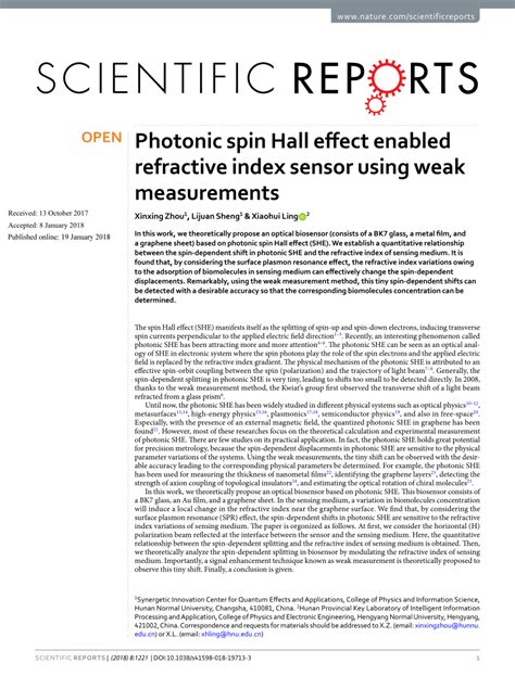Pdf Photonic Spin Hall Effect Enabled Refractive Index Sensor Using Weak Measurements