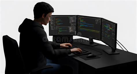Focused Programmer Working With Multiple Monitors And Typing Code