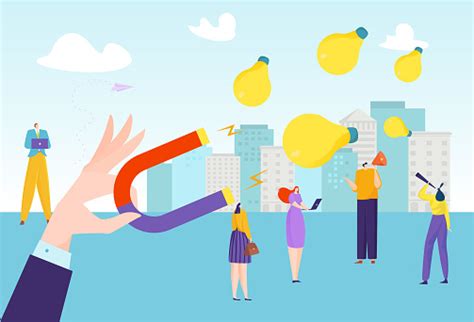 크리에이티브 아이디어 컨셉 벡터 일러스트레이션을 위한 비즈니스 자석 사업가 사람들은 성공하기 위해 작업 만화 전구를 유치 개념에