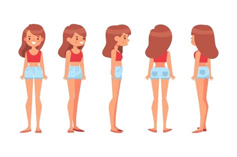 애니메이션에 대 한 여자 여자 전면 후면 보기 평면 벡터 문자 별도의 신체 부위 프리미엄 벡터