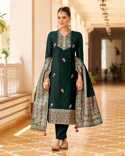 Womens Dark Green Silk Blend Woven Design Kurta With Trouser And Woven