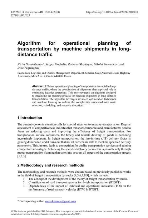 Pdf Algorithm For Operational Planning Of Transportation By Machine Shipments In Long Distance