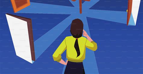 열린 문과 길의 표지판 앞에 있는 여자 평면 벡터 그림 최고의 경로 선택 및 결정 대안적인 직업 방식을 선택하는 비즈니스 여성 벡터 Unsplash의 사업 이미지