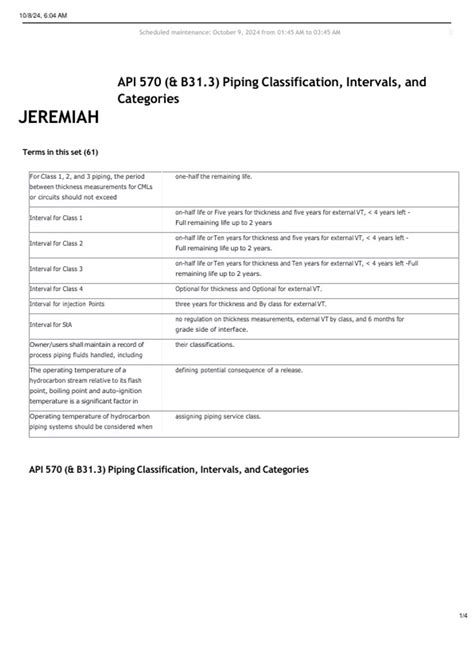 Api 570 And B31 3 Piping Classification Intervals And Categories Questions With 100 Correct