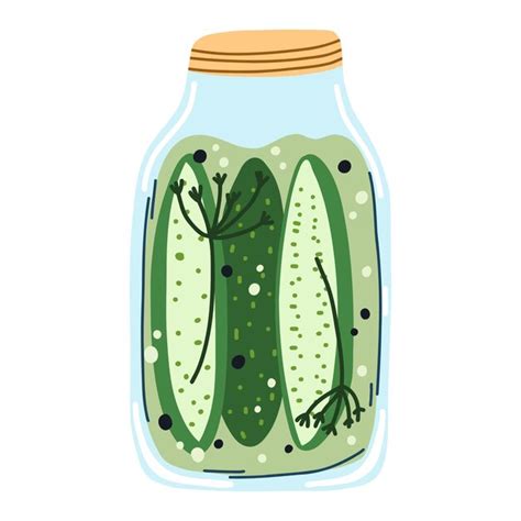 집에서 만든 오이 피클 통조림 야채 만화 손으로 그린 플랫 스타일 보존 식품과 유리 항아리의 벡터 일러스트 레이 션 가을 수확