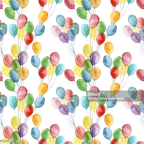 수채화 밝은 공기 풍선 완벽 한 패턴입니다 손 흰색 배경에 고립 된 화려한 공기 풍선 그림을 그렸습니다 디자인 인쇄 직물 또는 배경 프레임에 대한 스톡 벡터 아트 및 기타