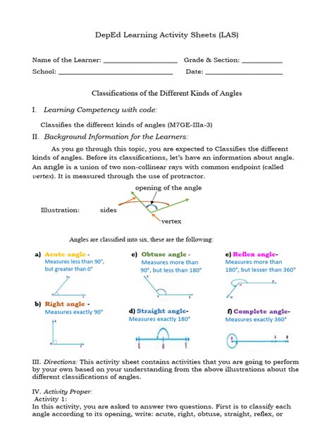 G7 Q3 3 Classifications Of The Different Types Of Angles Pdf Angle Classical Geometry