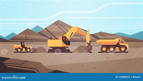 Coal Mining Miner Characters Work On Quarry Loading Coal Into Trolley On Factory Pipes Smoke