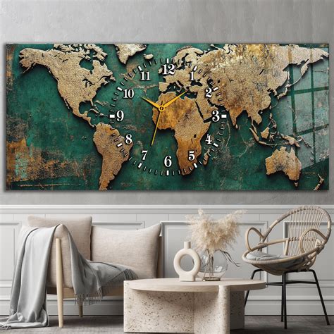 Panoramic Golden World Map Glass Wall Clock Luxury 110x50 Cm Large
