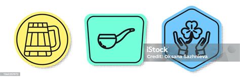 세트 라인 나무 맥주 잔 흡연 파이프와 네 잎 클로버를 들고 인간의 손 컬러 셰이프입니다 벡터 4가지 개체에 대한 스톡 벡터 아트 및 기타 이미지 Istock