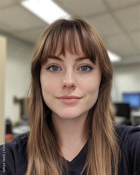 A Photo Of An Average Looking Woman With Straight Brown Hair Bangs