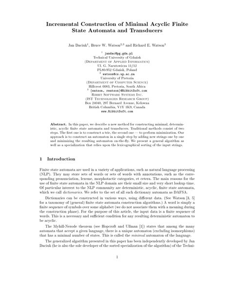 Pdf Incremental Construction Of Minimal Acyclic Finite State Automata And Transducers