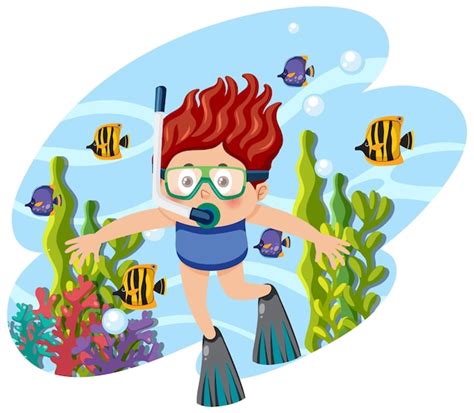 Niño nadando buceando bajo el agua Vector Premium