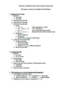 Calculus AB Test Unit 1 Limits And Continuity TWO VERSIONS By Emily P K