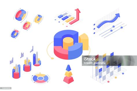 세트 다이어그램과 그래프로 아이소메트릭 3d 차트 및 통계 등측투영법에 대한 스톡 벡터 아트 및 기타 이미지 등측투영법 그래프 원형 Istock