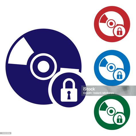 파란색 Cd 또는 닫힌 자물쇠 아이콘이 흰색 배경에 고립 된 Dvd 디스크 컴팩트 디스크 기호입니다 보안 안전 보호 개념입니다 원 버튼의 색상 아이콘을 설정 합니다 벡터