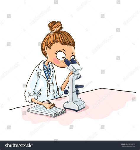Cartoon Woman Scientist Looking Through Microscope Stock Vector