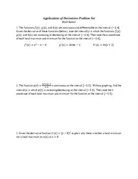 IB Math SL Applications Of Derivatives Problem Set By Carolina IB Math