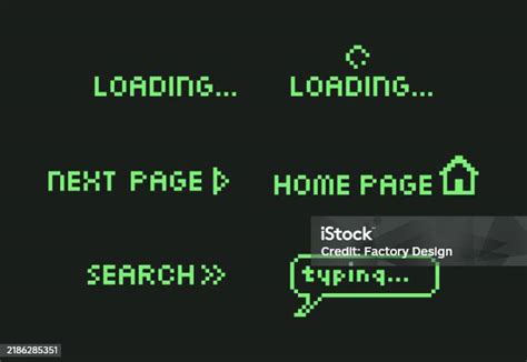 픽셀 아트 로딩 화면 인터페이스 요소 Y2k 세트 8 비트 산성 녹색 Pc 문구 모음 로딩 메시지 다음 페이지 홈페이지 아이콘 및 검색 탐색 버튼 말풍선 벡터 일러스트 레이