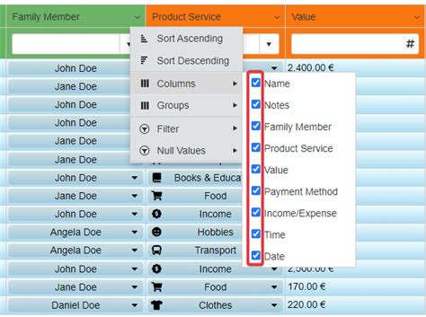 hide columns elegere documentation