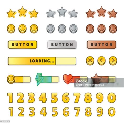 게임 그래픽 사용자 인터페이스 Gui입니다 디자인 버튼 및 아이콘 게임 Ui 키트 그림 흰색 배경에 고립입니다 개체 그룹에 대한 스톡 벡터 아트 및 기타 이미지 Istock
