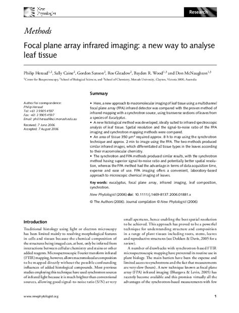 Pdf Focal Plane Array Infrared Imaging A New Way To Analyse Leaf Tissue