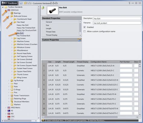 adding custom solidworks toolbox component sizes