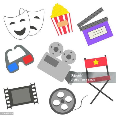 시네마 아이콘 세트 팝콘 박스 필름 릴 카메라 안경 박수 보드 벡터 3d 안경에 대한 스톡 벡터 아트 및 기타 이미지 3d 안경 감독 개체 그룹 Istock