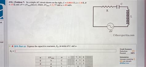 Solved (9%) Problem 7: In a simple AC circuit shown on the | Chegg.com