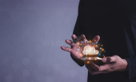 Young Man With Smartphone Mobile Hand Touching To Cloud Computing