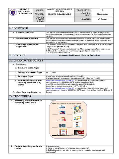 Constants Variables And Algebraic Expressions A Detailed Lesson Plan