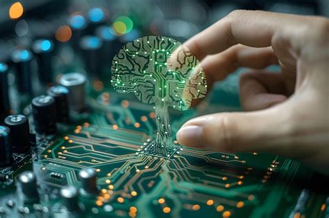 premium photo human hand interacting with ai brain on circuit board