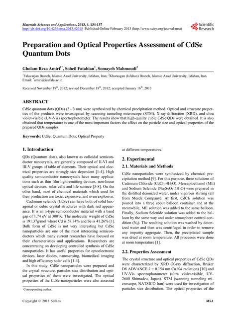 Pdf Preparation And Optical Properties Assessment Of Cdse Quantum Dots