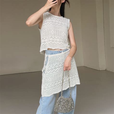 커먼유니크 달리 셋업 펀칭 웨이브 니트 미니 스커트 봄여름치마스트랩리본레이어드물결웨이브세트투피스트렌디휴양지룩바캉스룩