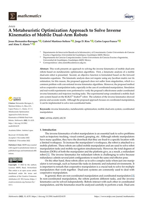 Pdf A Metaheuristic Optimization Approach To Solve Inverse Kinematics Of Mobile Dual Arm Robots