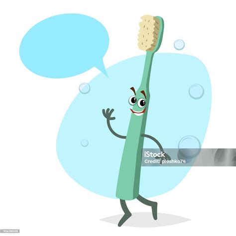 만화 치아 브러쉬 웃는 마스코트 더미 연설 거품으로 치과 치료의 문자입니다 벡터 일러스트입니다 개념에 대한 스톡 벡터 아트 및