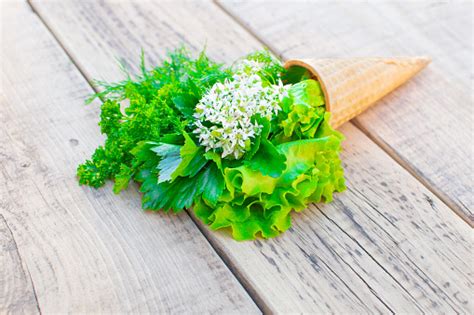 나무 배경에 신선한 허브와 아이스크림 콘 양상추 파슬리 딜 마늘 꽃 최소한의 자연 여름 개념 봄 이나 여름 분위기 미니멀 리즘 카피스케이프 플랫레이 상단 보기 클로즈업