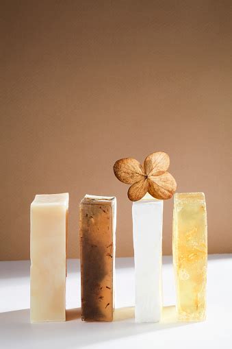 흰색과 갈색 배경에 마른 잎이있는 아름다운 수제 천연 비누 세트 유기농 심플하고 친환경적인 스파 스킨케어 컨셉 복사 공간을 복사합니다 개념에 대한 스톡 사진 및 기타 이미지