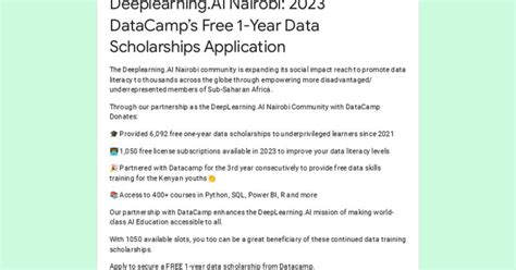 Deeplearningai Nairobi 2023 Datacamps Free 1 Year Data Scholarships