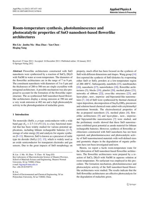 Pdf Room Temperature Synthesis Photoluminescence And Photocatalytic Properties Of Sno