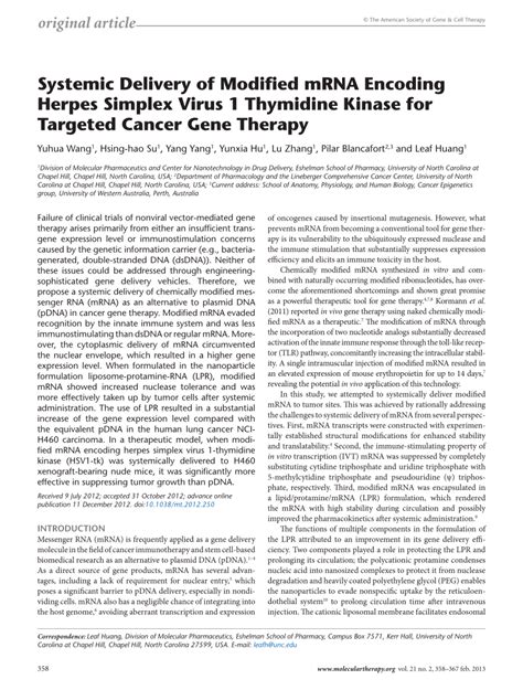 Pdf Systemic Delivery Of Modified Mrna Encoding Herpes Simplex Virus