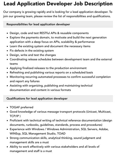 Lead Application Developer Job Description Velvet Jobs