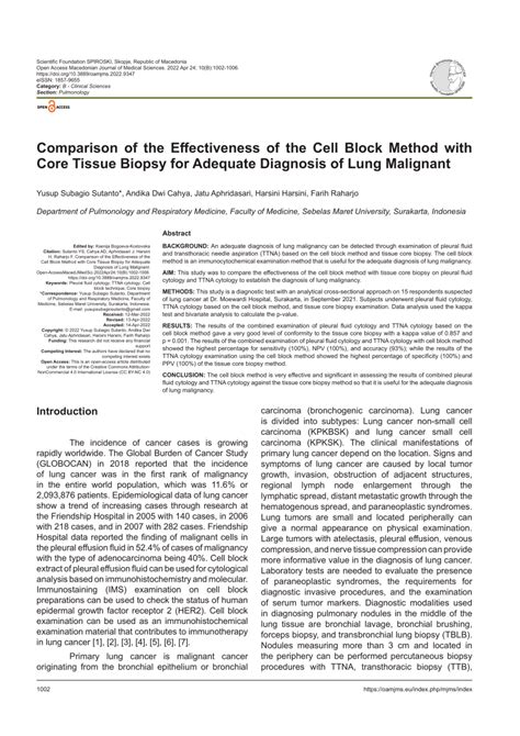 Pdf Comparison Of The Effectiveness Of The Cell Block Method With Core Tissue Biopsy For