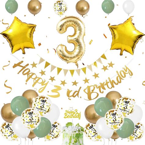 Sage Green White Gold 3rd Birthday Balloons With Number 3