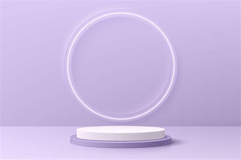 사실적인 보라색과 흰색 3d 실린더 받침대 연단과 조명 원형 네온 램프 모형 제품의 최소 장면 쇼케이스 무대 프로모션 디스플레이