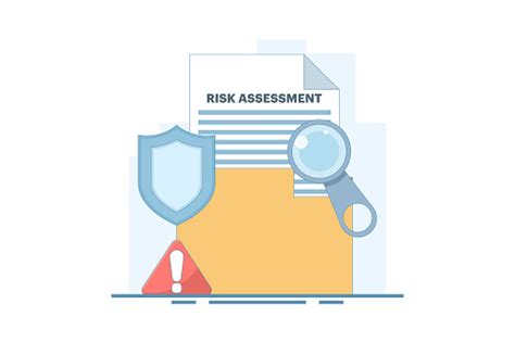 위험 평가 개념 돋보기와 경고 표시가 있는 문서 잠재적 위험의 수준을 분석하고 손실을 통제하거나 제한합니다 배경에 평면 벡터 일러스트 디자인 검사 보기에 대한 스톡 벡터