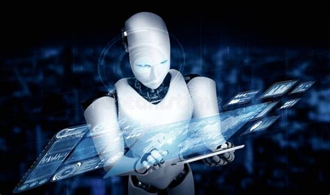 Xai Robot Humanoid Using Tablet Computer For Big Data Analytic Stock Illustration Illustration