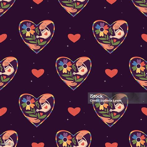 프라이드의 달 완벽 한 패턴 Lgbt 무지개 심장 꽃과 손과 함께 어두운 배경에 정원 물뿌리개 Lgbtq 프라이드 커뮤니티의 상징 트렌디한 휴일 배경 벡터 일러스트 레이 션